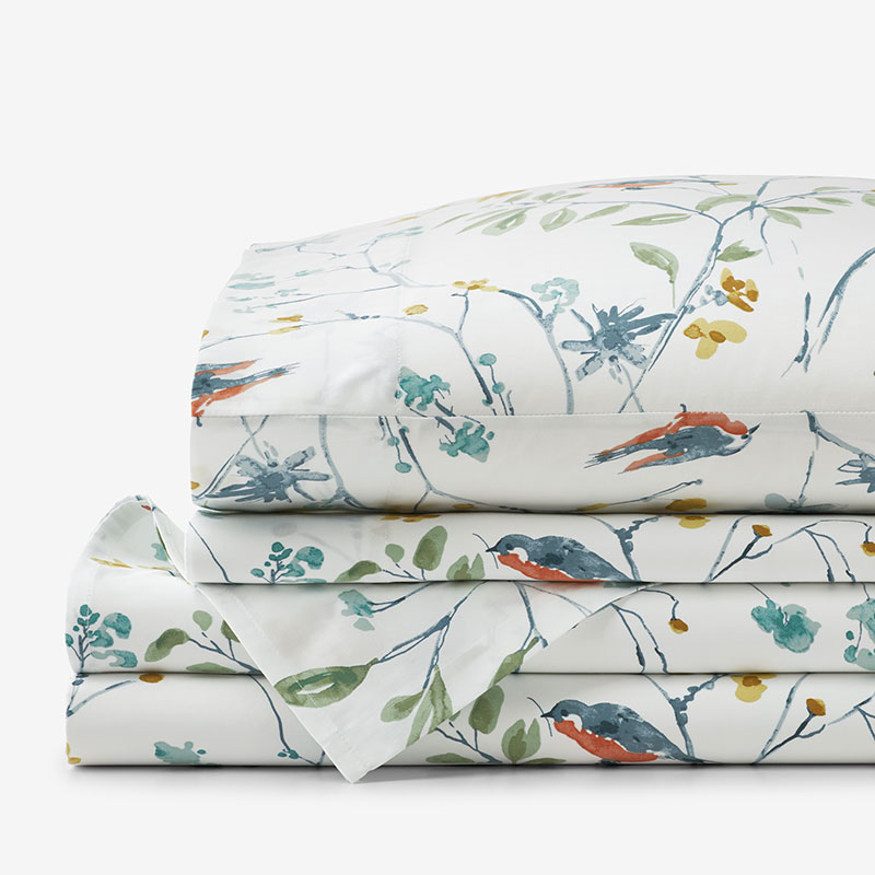 Spring Bird Print Cotton Sateen Sheet Set